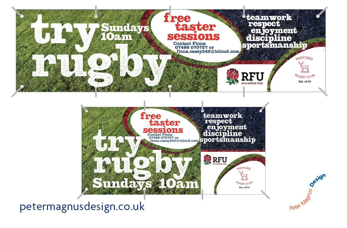 Graphic design for Watford Rugby Club – vinyl banners, posters, pull-ups